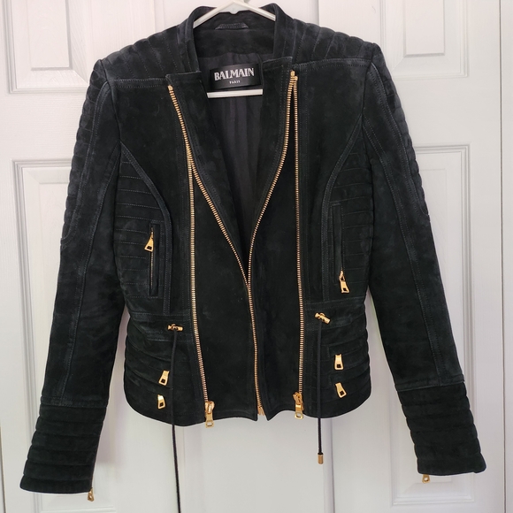 Balmain | Jackets & Coats | Balmain Suede Black Jacket With Gold ...